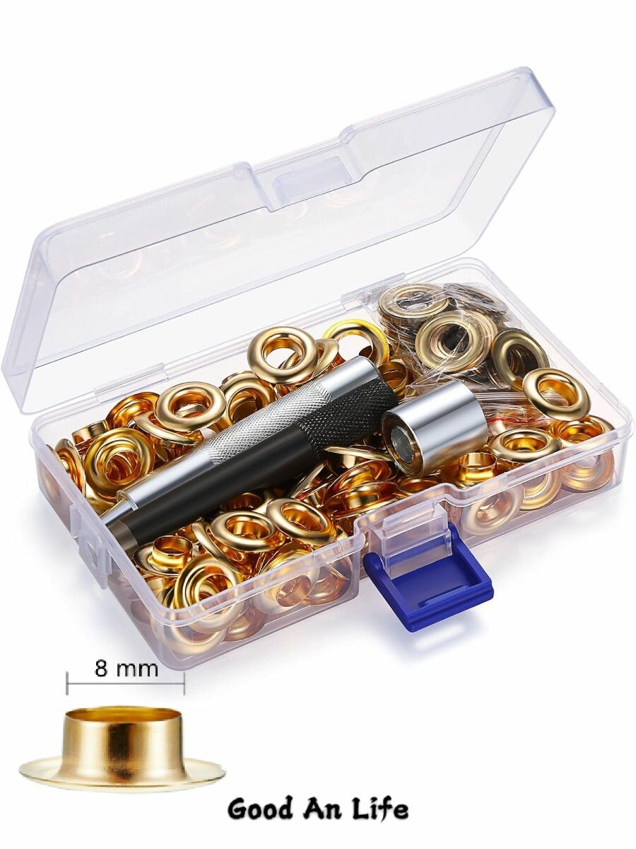 Люверсы 100 комплектов, золотые с внутренним диаметром 8 мм, железные кольца для ткани, кожи, брезента и штор с набором для монтажа (3 инструмента + коробка)