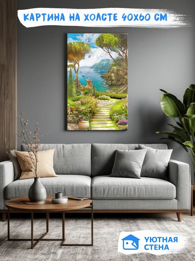 Картина на натуральном холсте Уютная стена "Дорога сквозь сад к морю" 40х60 см