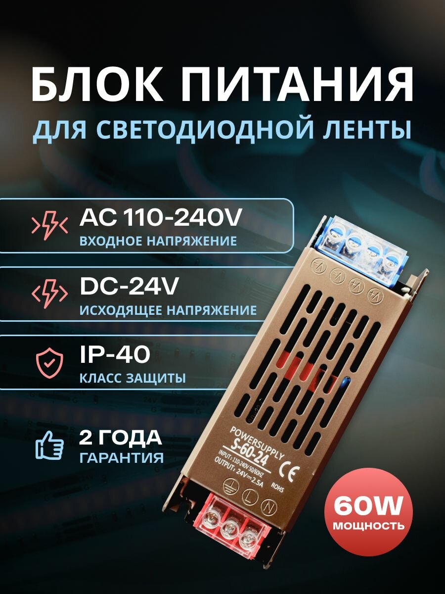 Блок питания для светодиодной ленты, 24В, 60 Вт, IP40