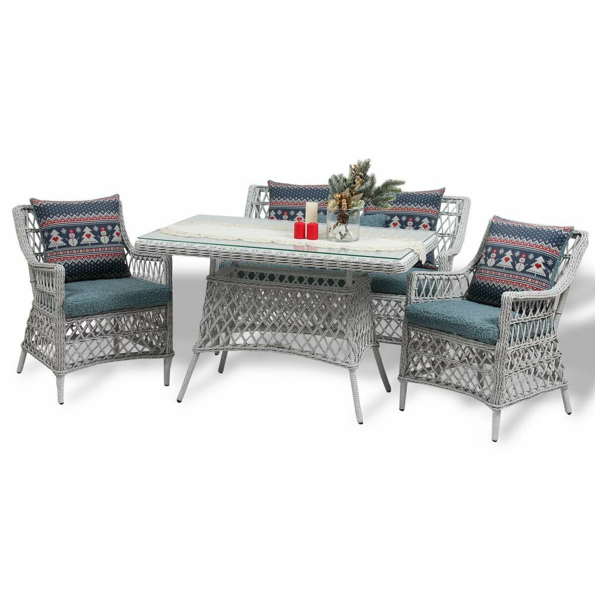 Комплект мебели Гайс из искусственного ротанга от Malacca с новогодним текстилем в синем цвете