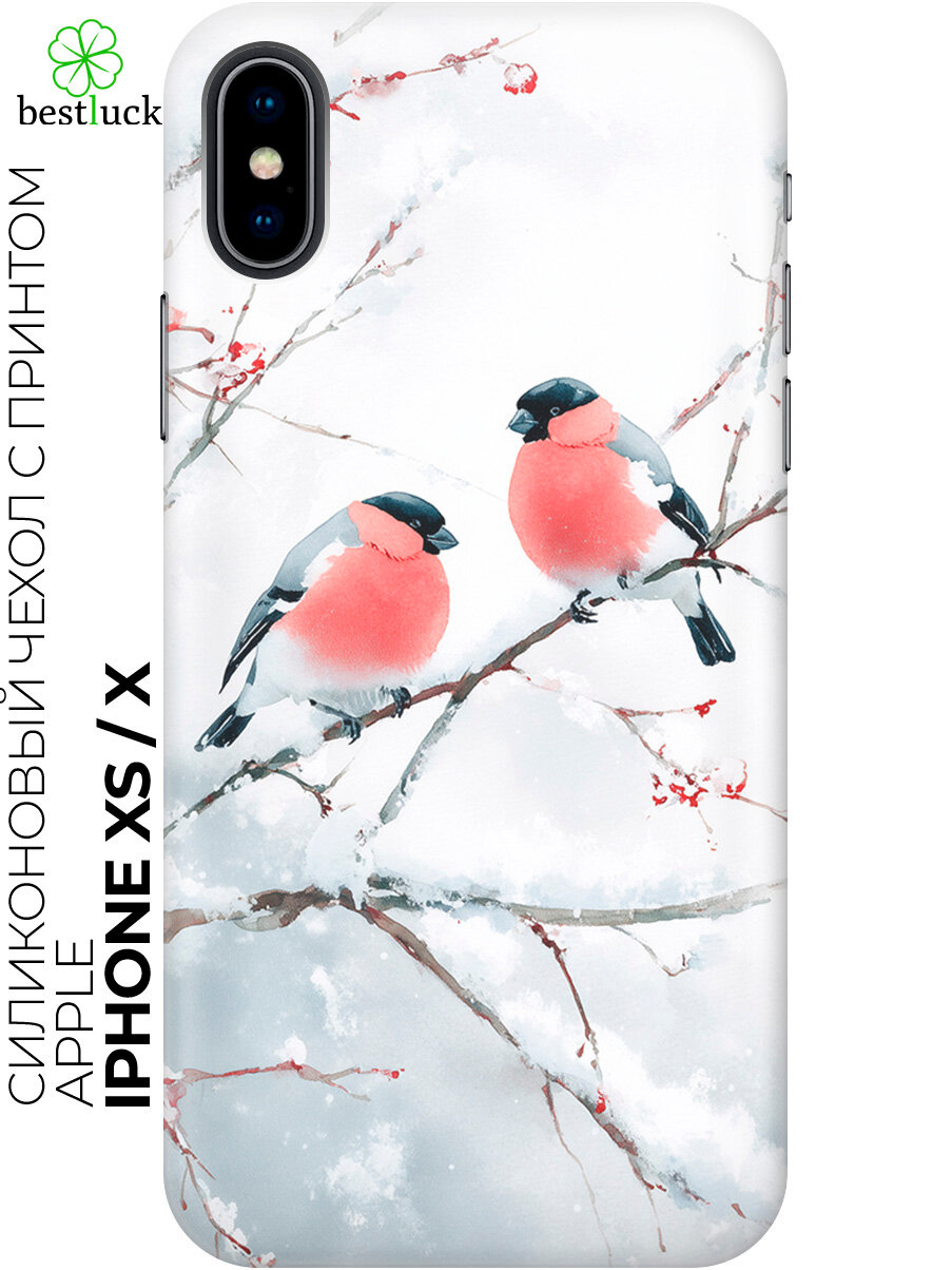 Силиконовый чехол на Apple iPhone Xs / X с принтом "Зимнее танго снегирей"