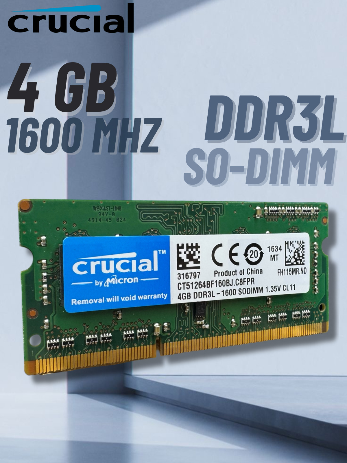 Оперативная память для ноутбука Crucial 4 ГБ DDR3L 1600 МГц SODIMM CL11 CT51264BF160B