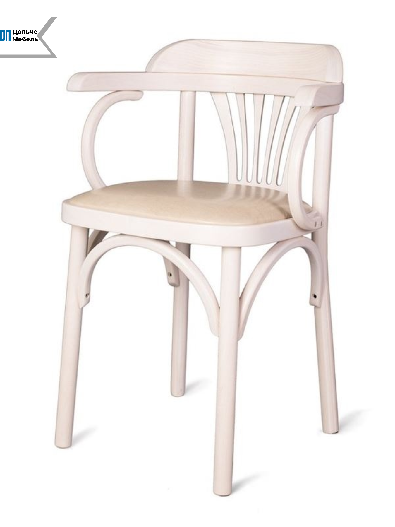 Стул кухонный Венский деревянный мягкий с подлокотниками, цвет беленый дуб, экокожа бежевая