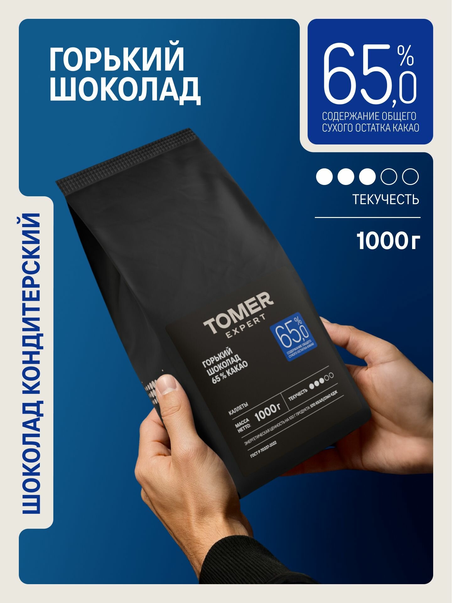 Горький шоколад 65% кондитерский 1 кг в каллетах (каплях, дропсах)