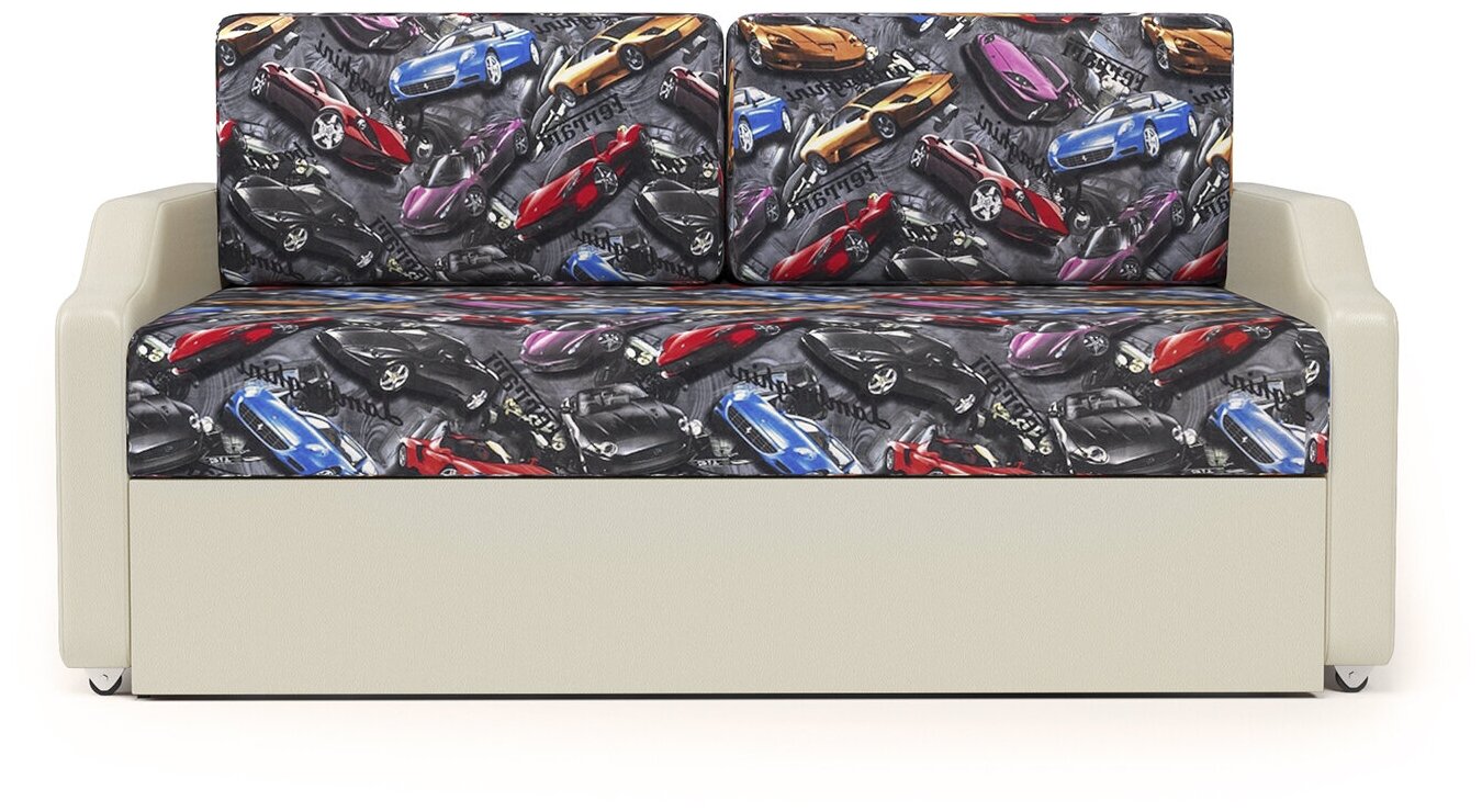 Диван кушетка Малыш Машинки и экокожа беж