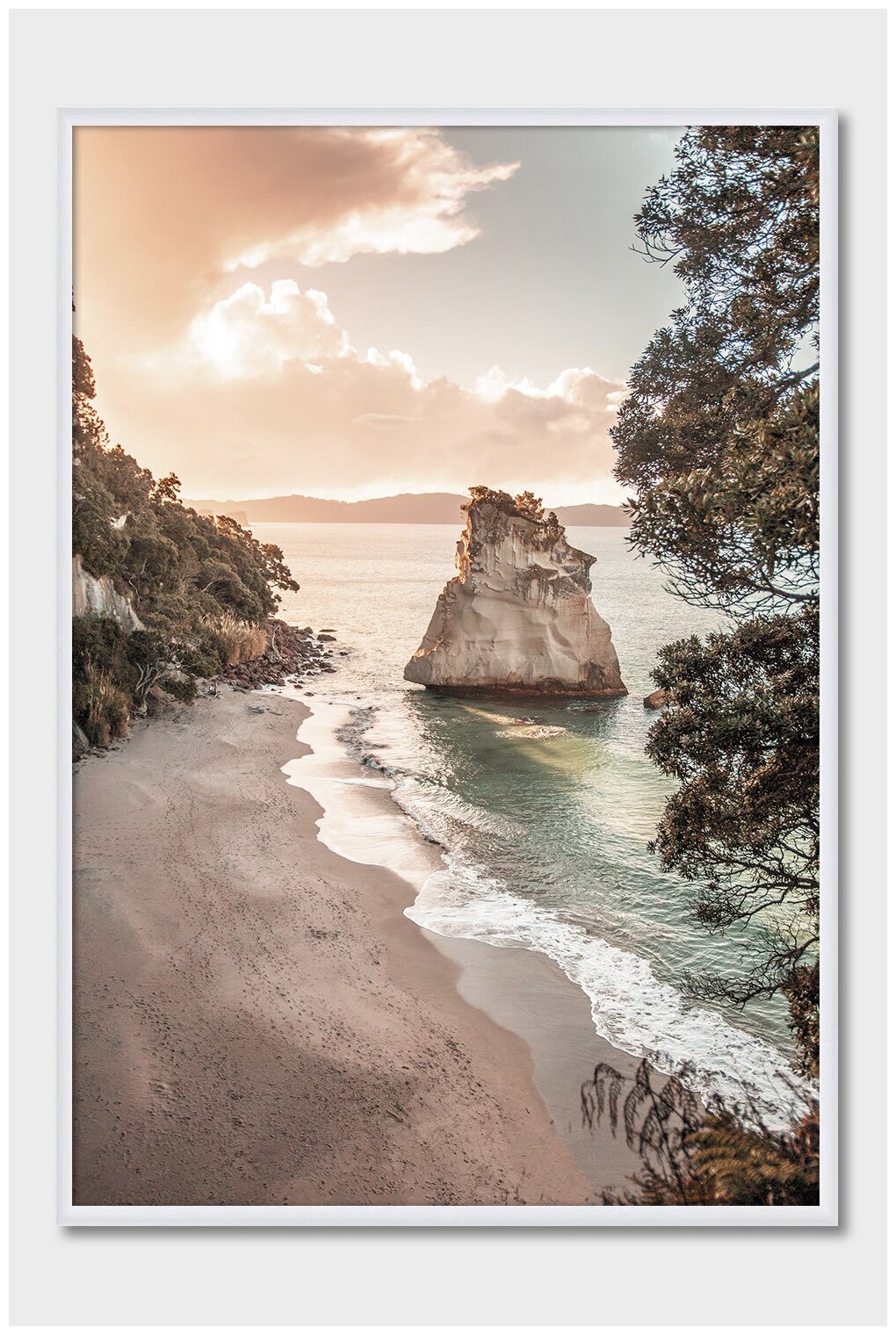 Постер на стену для интерьера Postermarkt Скала на пляже, в белой рамке 30х40 см