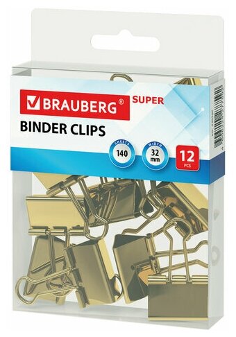 Зажимы для бумаг BRAUBERG EXTRA, комплект 12 шт, 32 мм, на 140 л, золотистые, европодвес, 229587 (цена за 1 ед. товара)