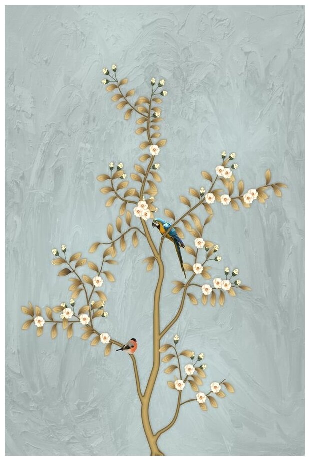 Фотообои Уютная стена "Ветка с попугаем и снегирём" 180х270 см Бесшовные Премиум (единым полотном)