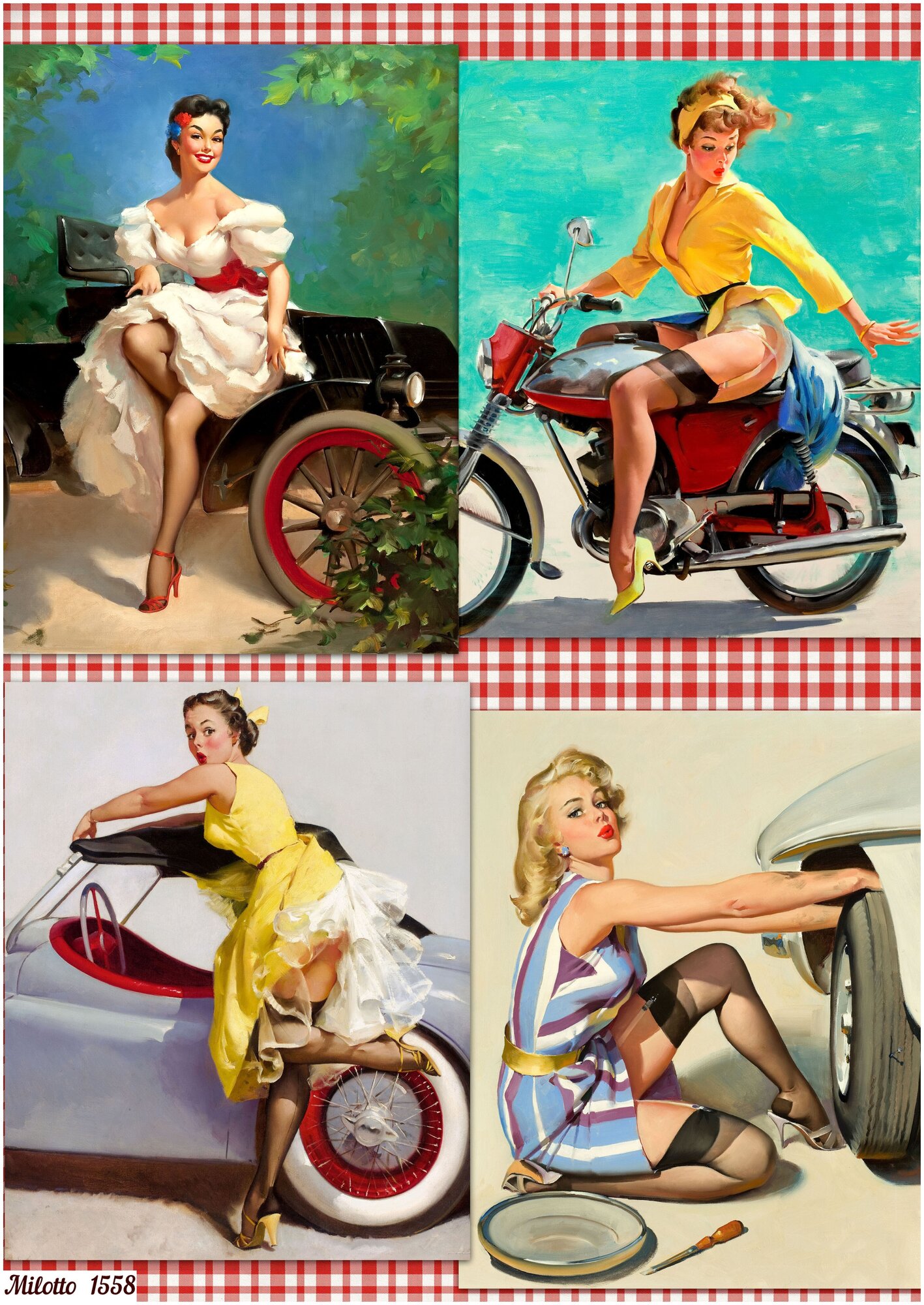 Рисовая бумага для декупажа А4 ультратонкая салфетка 1558 пинап PinUp девушка мотоцикл автомобиль винтаж крафт Milotto