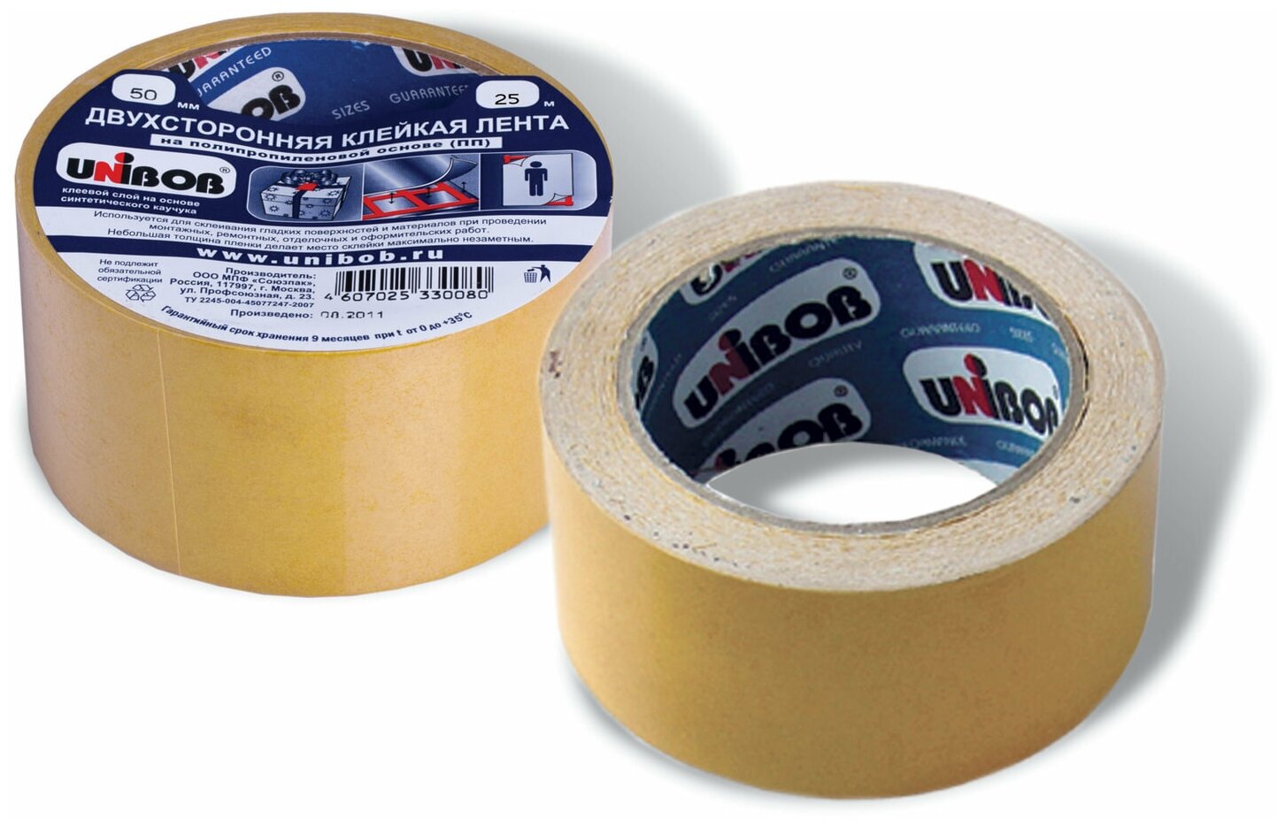 Клейкая двухсторонняя лента 50 мм х 25 м, полипропиленовая основа, UNIBOB, 28212