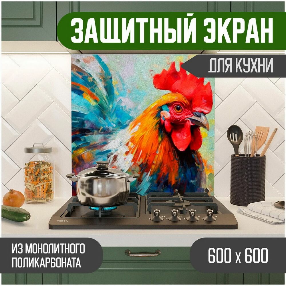Фартук для кухни, Защитный экран из акрилового стекла (поликарбонат) на кухонный фартук в зону мойки и плиты с фотопечатью. Панель на стену с рисунком Курица 600 х 600 х 3 мм, 600-017