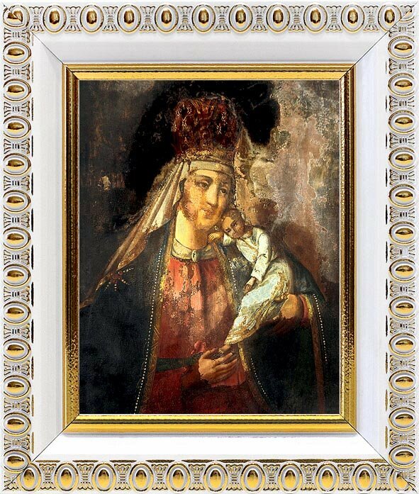 Икона Божией Матери "Избавление от бед страждущих" (лик № 141), в белой пластиковой рамке 8,5*10 см