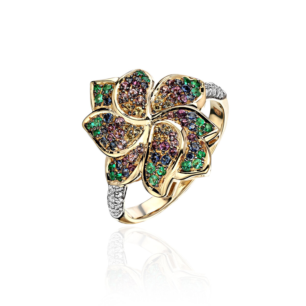 Кольцо, желтое золото, 585 проба, изумруд, аметист, сапфир, бриллиант