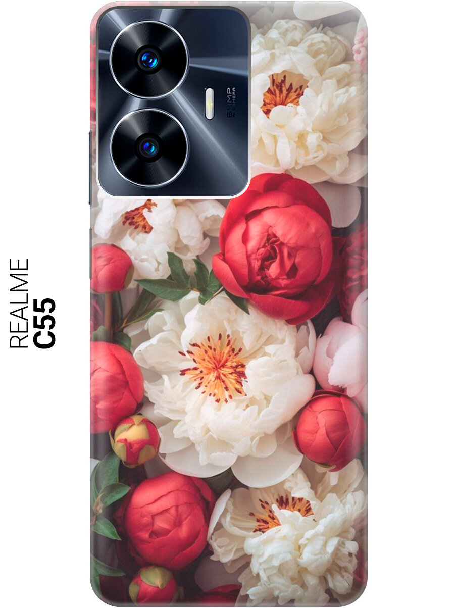 Силиконовый чехол на Realme C55 / Рилми С55 с рисунком "Красно-белые пионы"