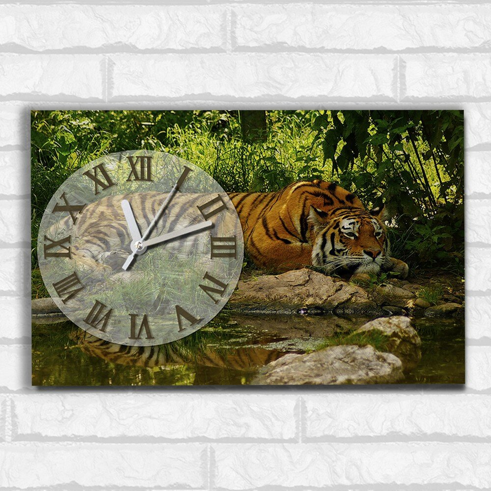 Настенные бесшумные часы ОСБ со смещенным циферблатом Животные Тигр (Кот, цветы милота, Подарок для мамы, бабушки сестры, подруге) - 2562