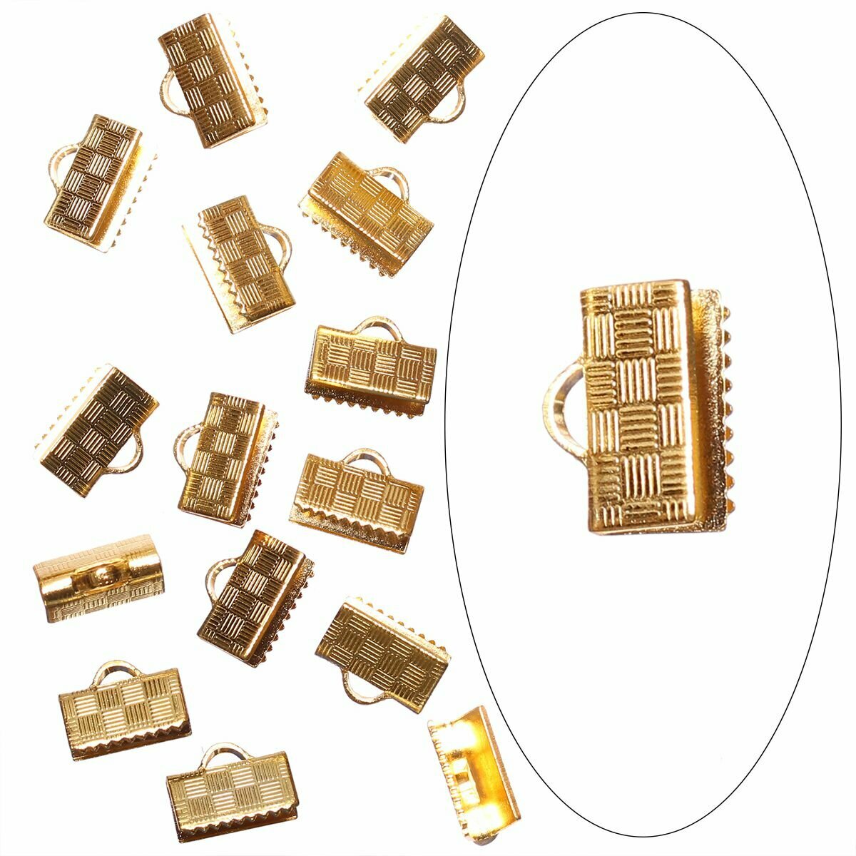 Концевики, 10х7мм (ширина 10мм), зажимы для ленты, в клеточку, базовый материал - латунь, золотистого цвета, пара