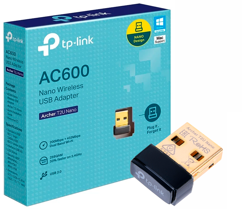 Оборудование Wi-Fi, Bluetooth Tp-link Адаптер Wi-Fi Tp-link Archer T2U Nano Чёрный