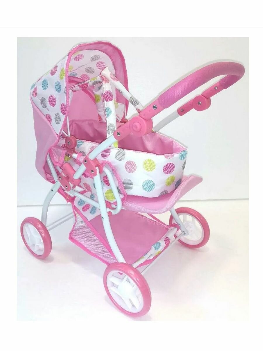 Коляска-люлька для кукол белая в горошек с розовой отделкой