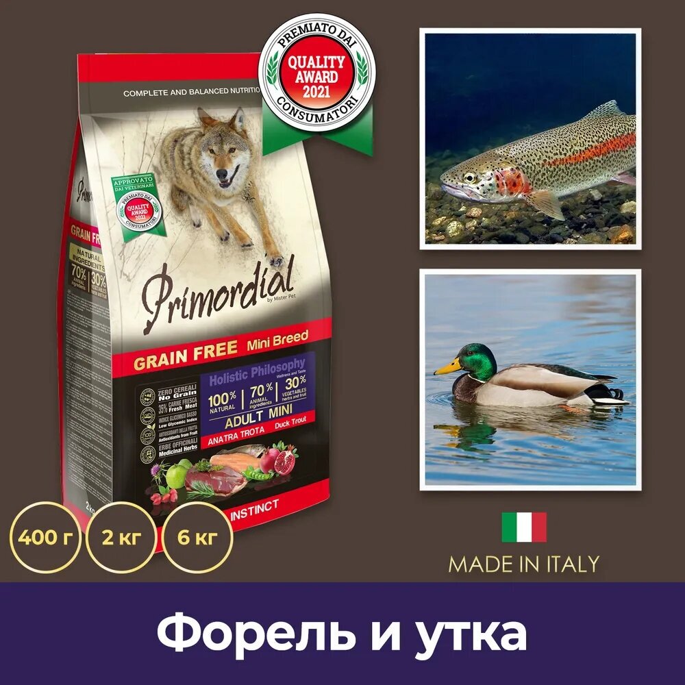 Primordial Mini Adult корм для взрослых собак малых пород с форелью и уткой, 6 кг