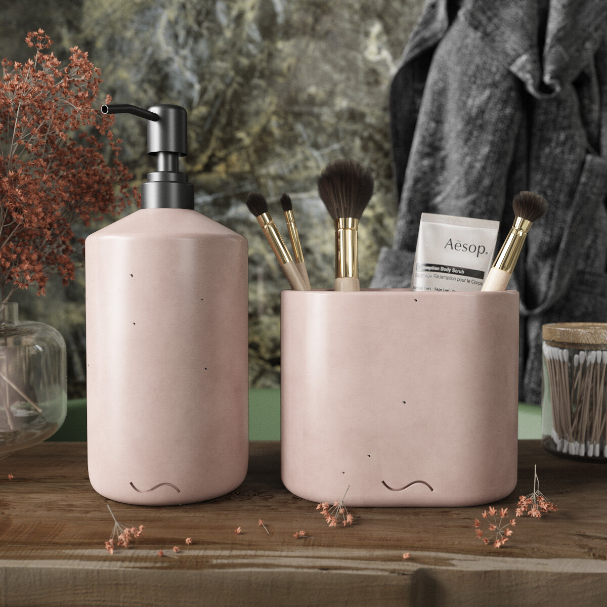 Набор для ванной Astrid 18 (дозатор для жидкого мыла 0,4 л, двойной стакан для зубных щёток) бетон, розовый глянцевый