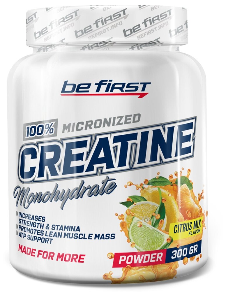 Креатин моногидрат Be First Creatine Micronized Powder (банка) - 300 грамм, цитрус