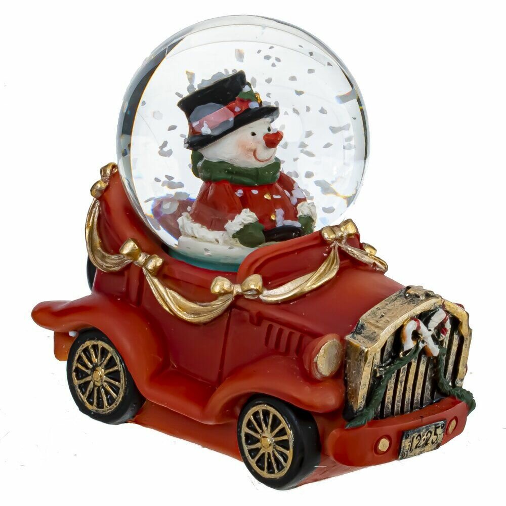 Новогодний снежный шар "Снеговик на машине". D4,5 см, L8 W4,5 H7 см.
