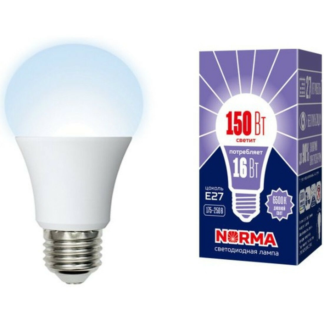 Лампа светодиодная Volpe LED-A60-16W/DW/E27/FR/NR, форма А, матовая, Серия Norma, дневной белый свет (6500К) (4025) в упаковке 3 шт