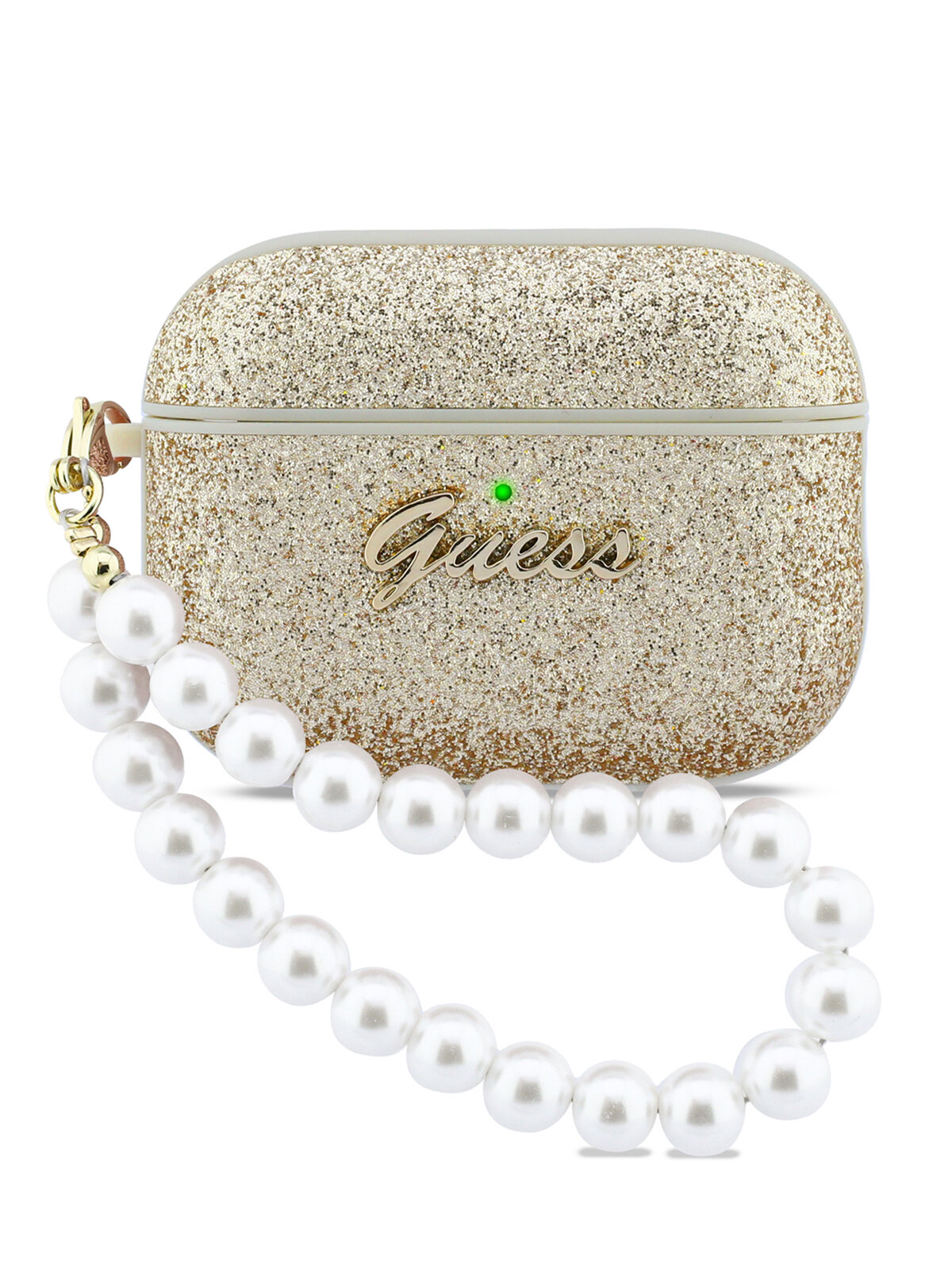 Чехол Guess для Airpods Pro 3, с блестками Glitter flakes, со шнурком на руку, золотой