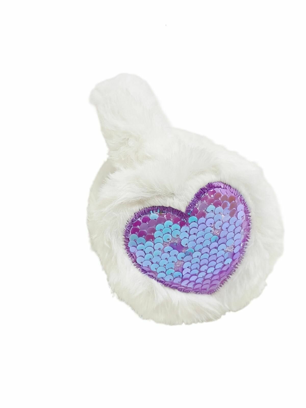 Наушники меховые, Зимние детские плюшевые наушники love с блестками_белый_складные