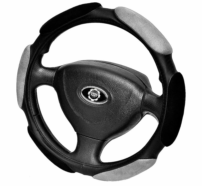 Оплетка на руль для автомобиля Шкода / Skoda Octavia, Rapid, Yeti, Kodiaq, Superb и др, в черном цвете с серыми встаками, Экокожа/Замша