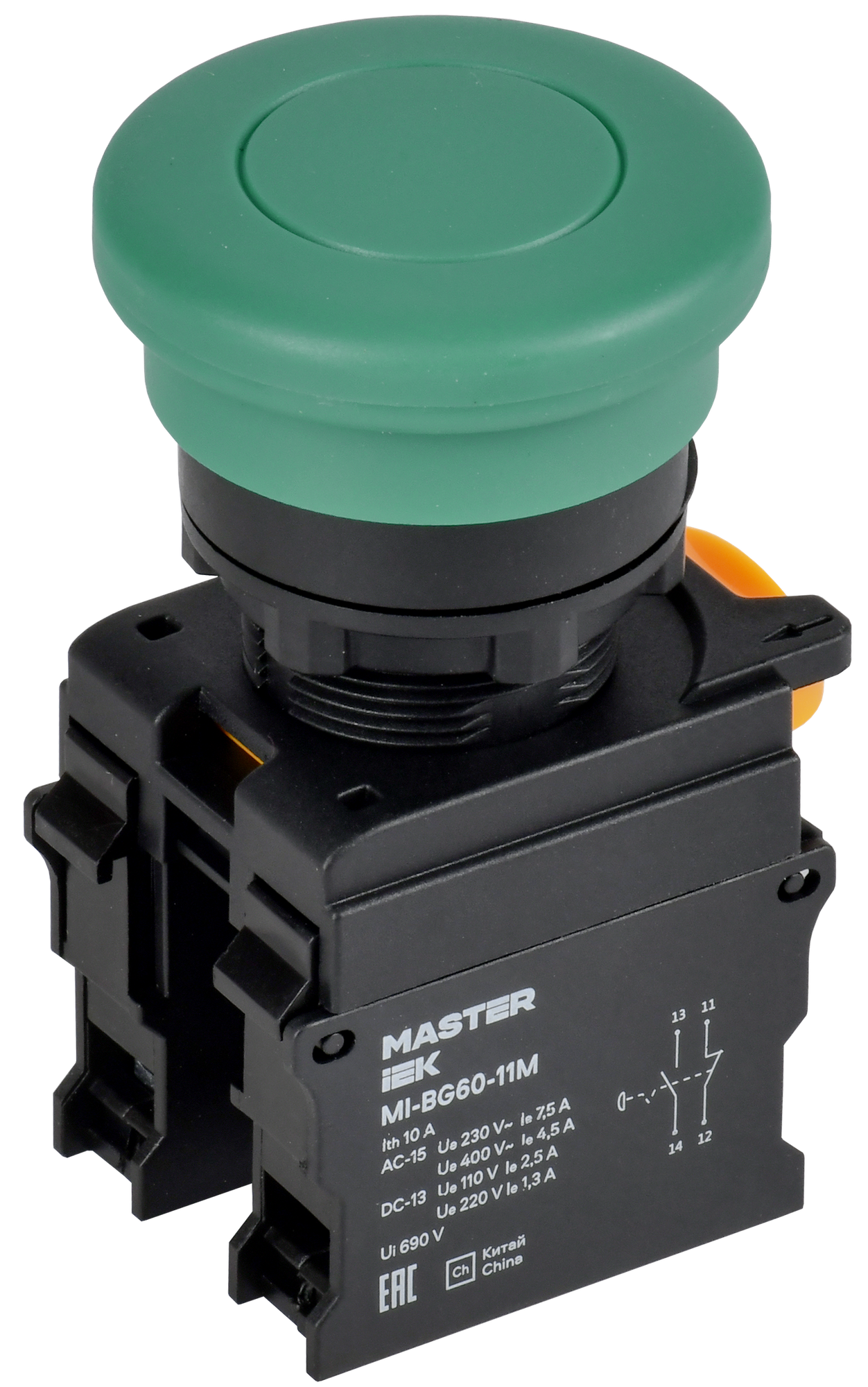 Кнопка 'Грибок' без фиксации. d - 22 мм 1NO+1NC зелёная MASTER IEK MI-BG60-11M-3-21-K06