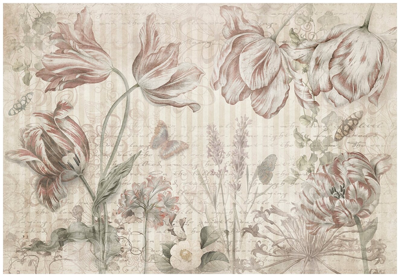 Фотообои Уютная стена "Винтажные тюльпаны" 390х270 см Виниловые Бесшовные (единым полотном)