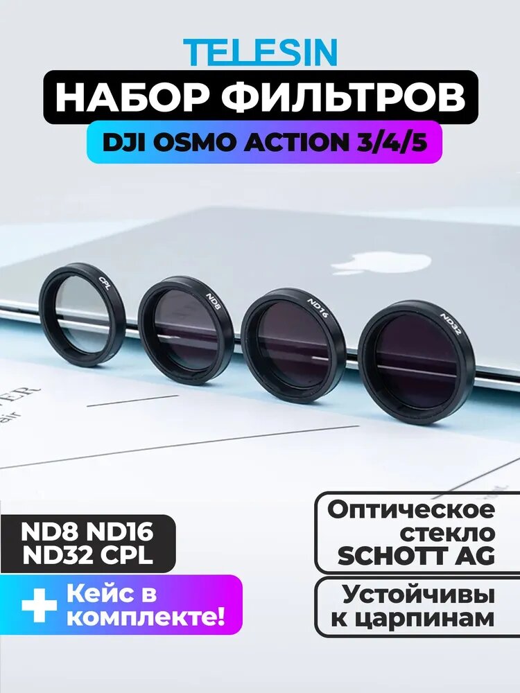 Набор Telesin (Schott glass) из 4 фильтров ND8 + ND16 + ND32 + CPL для DJI Osmo Action 5pro/4/3