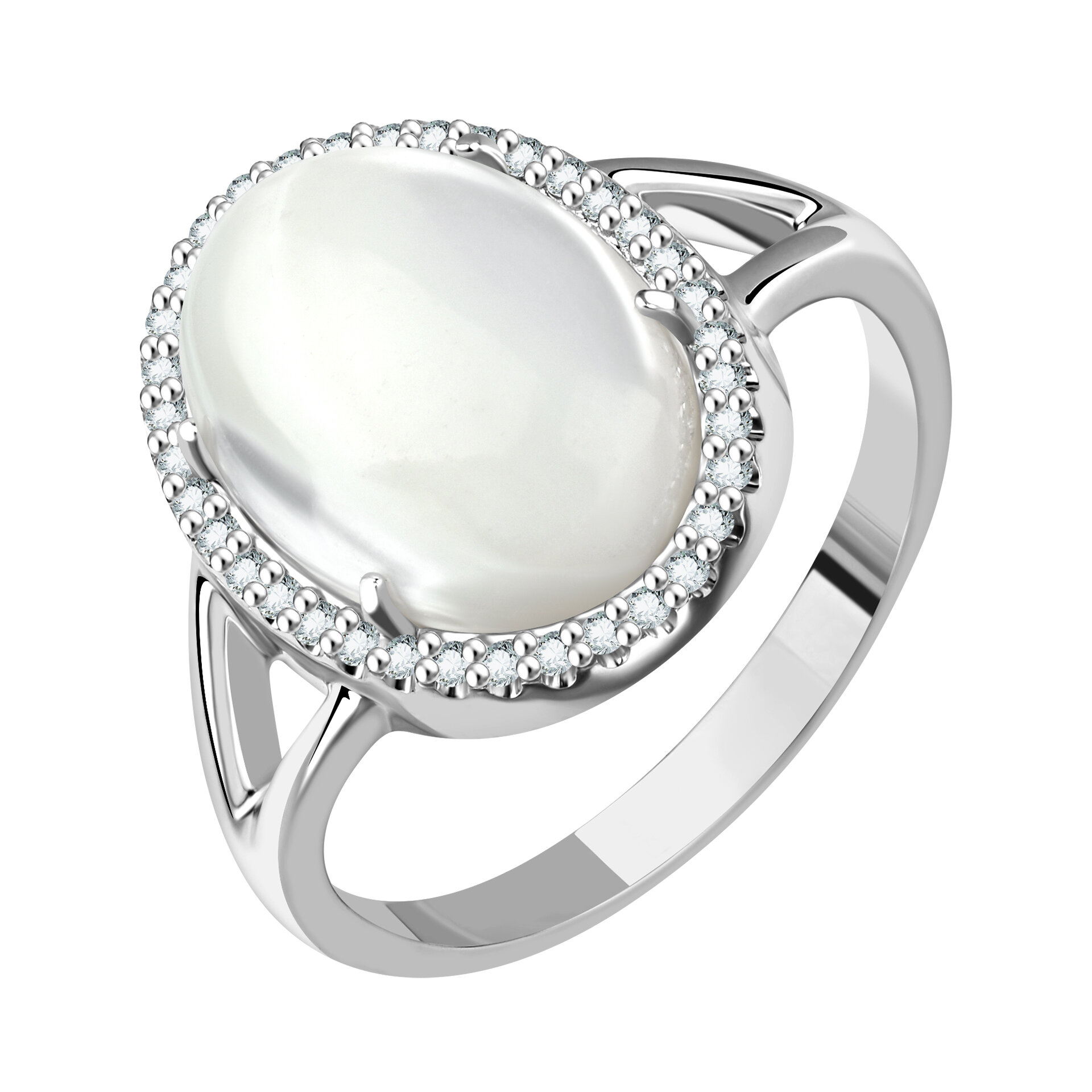 Кольцо, серебро, 925 проба, родирование, фианит, перламутр