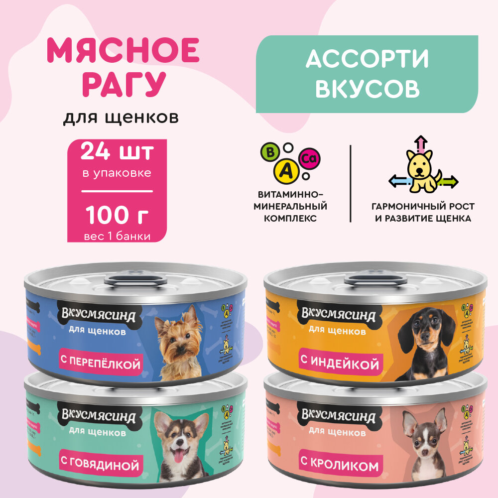Корм влажный для щенков, вкусмясина микс №48 (говядина, индейка, кролик, перепелка ), 100 г  х 24 шт.