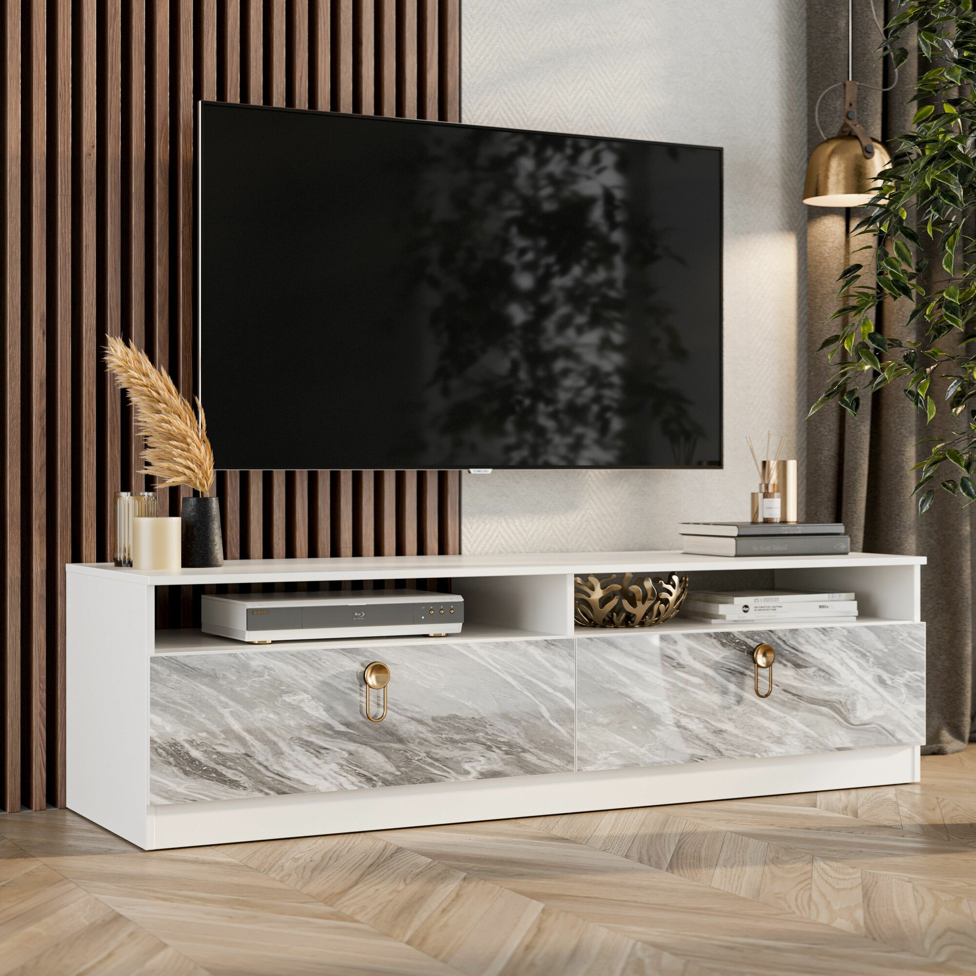 Тумба под телевизор напольная Аравия-Айла, 170х53х47.8 см, 2 ящика, 3 полки, Белый/Статуарио