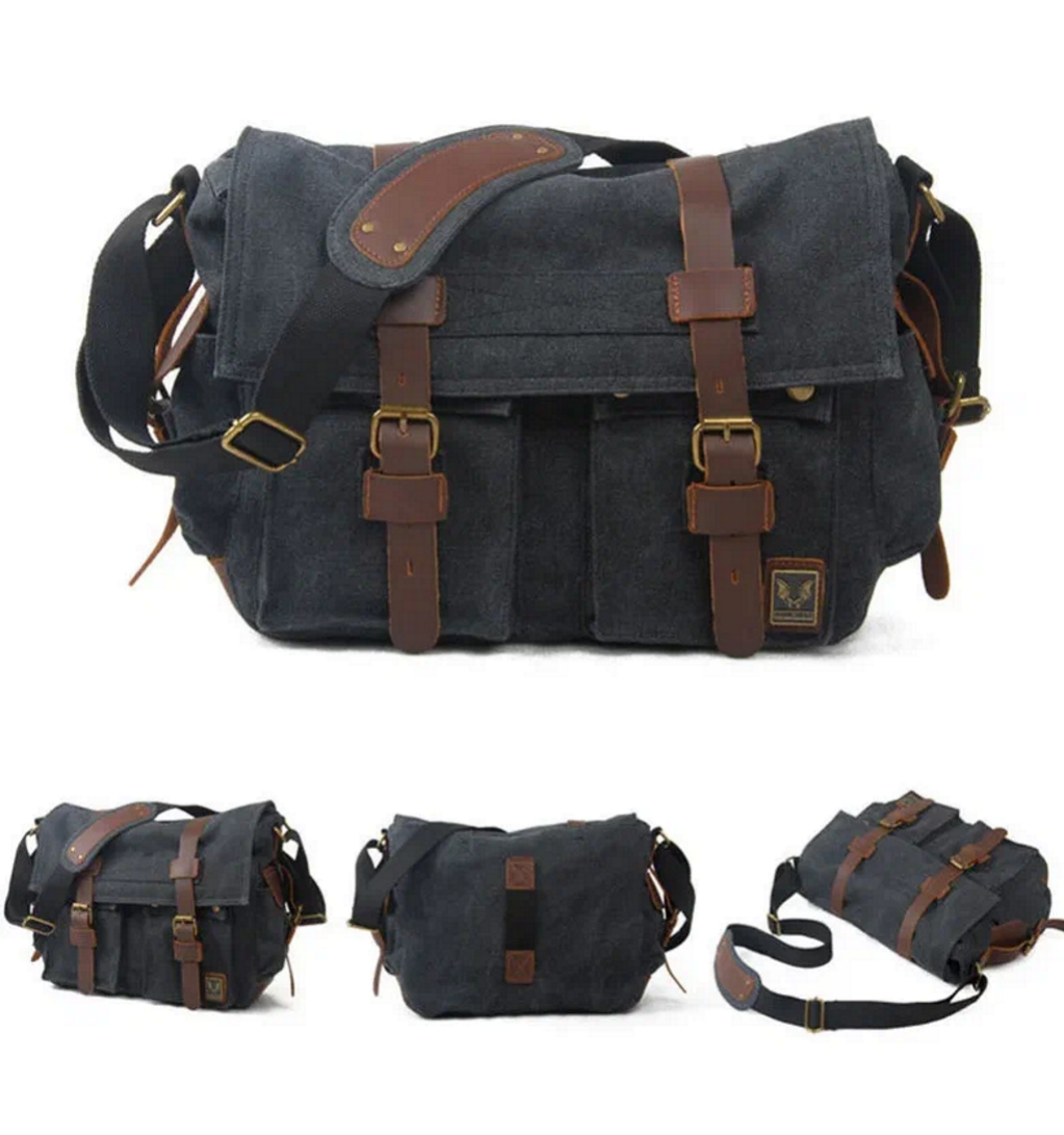 Сумка мессенджер  Сумка Я Легенда брезентовая с кожаными ремнями, черный Carbon милитари винтажная