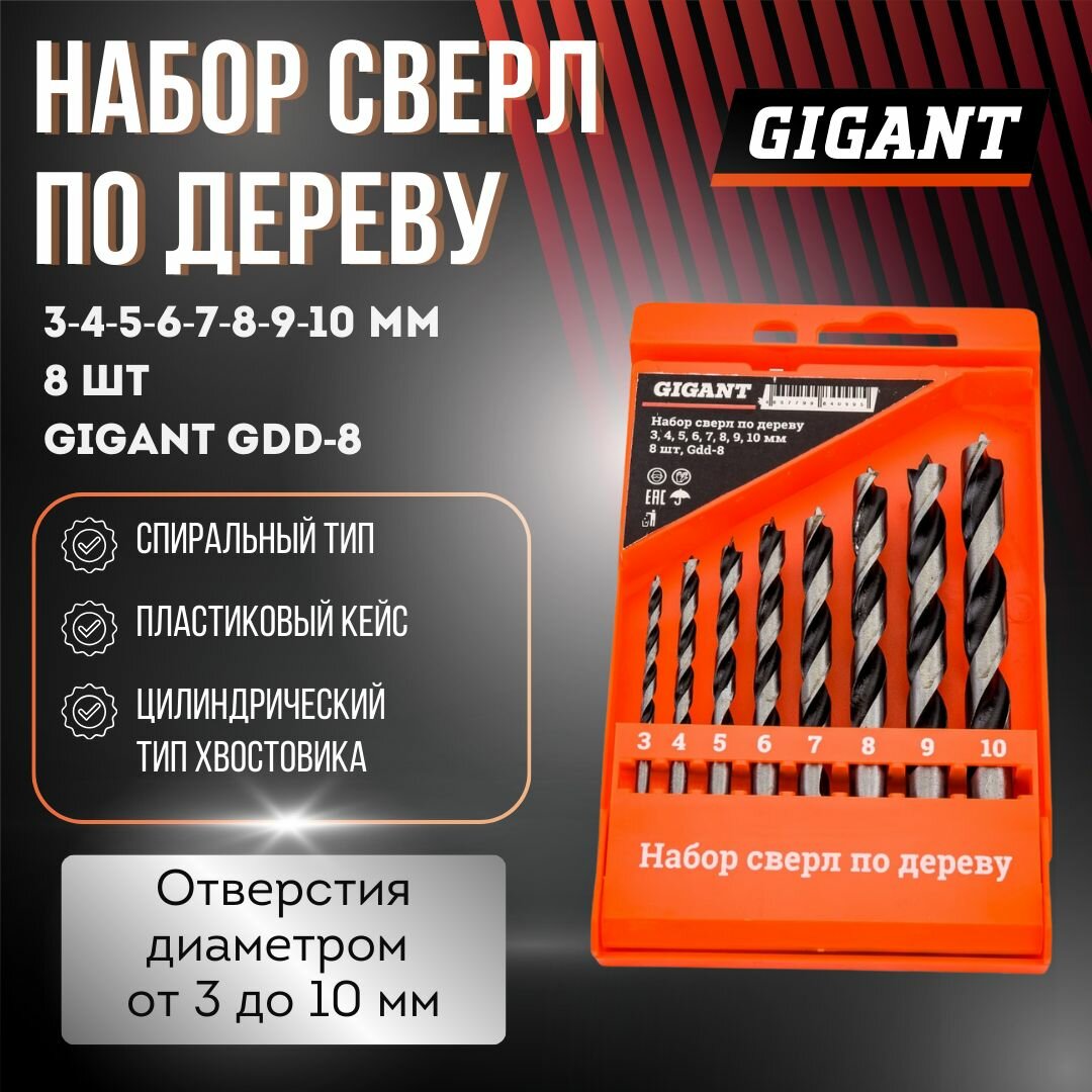 Набор сверл по дереву 3-10 мм, 8 шт, пластиковый кейс Gigant Gdd-8