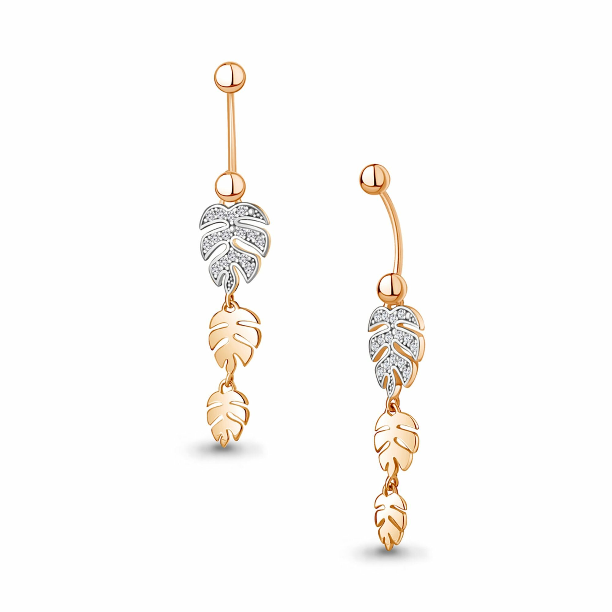 Пирсинг в пупок, серебро, 925 проба, золочение, фианит