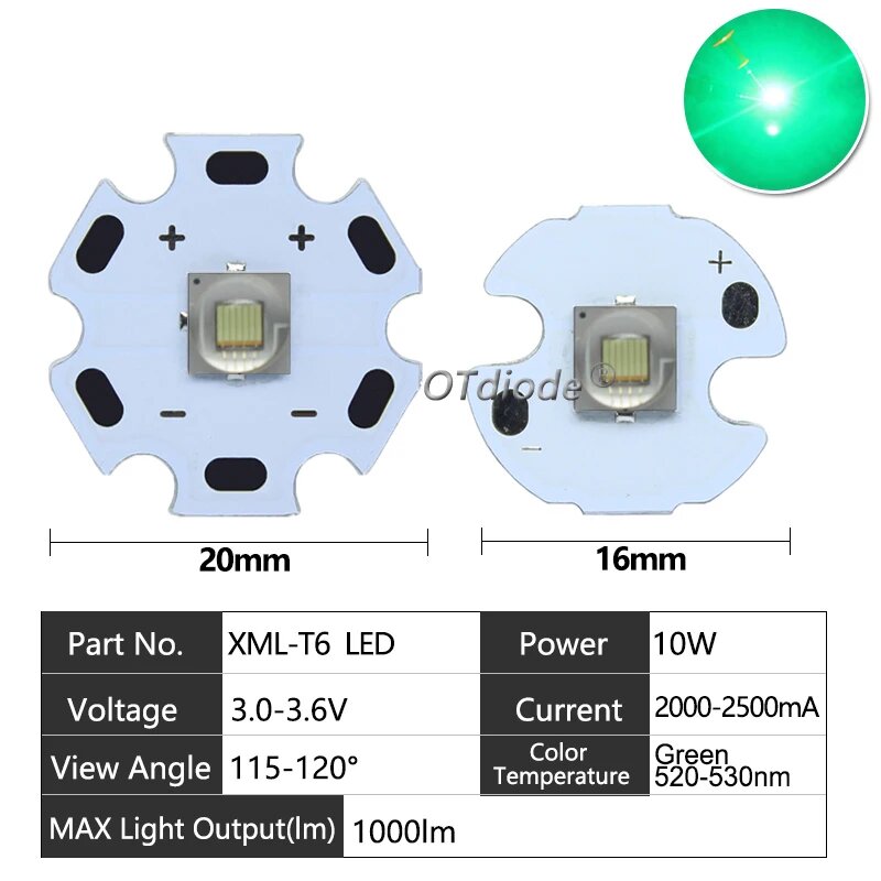 OTdiode BALL 10W 5050-L2 T6 LED светодиоды Зеленый, XLM-Green T6, 16mm Led 1pcs