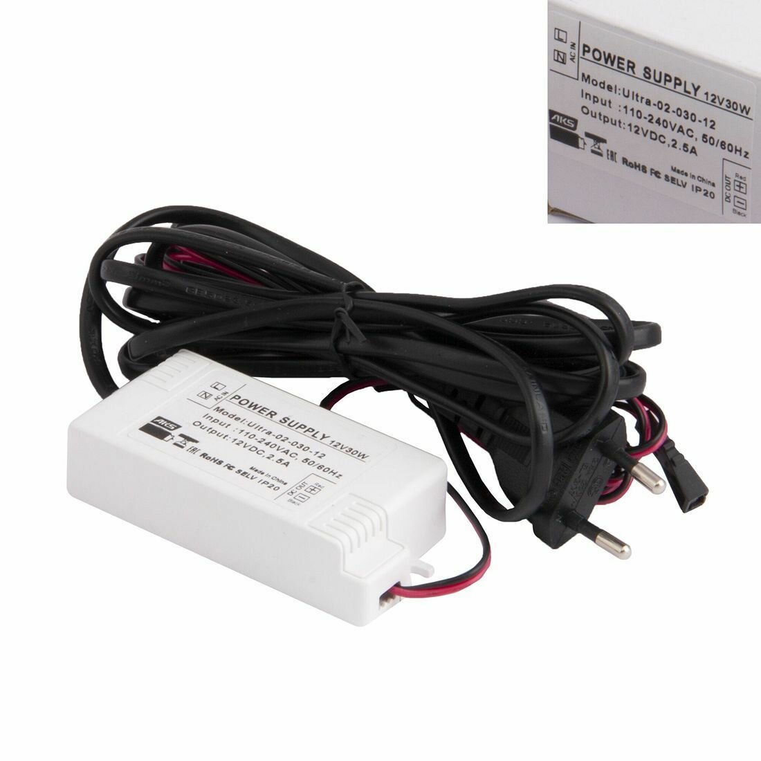 Блок питания Ultra 30W/12V с вилкой и миниконнектором (по 2 м)