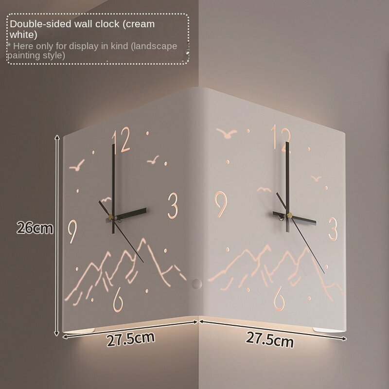 Угловые двухсторонние настенные часы, без перфорации, 27 см*27 см, белые, в ландшафтном стиле, без подсветки