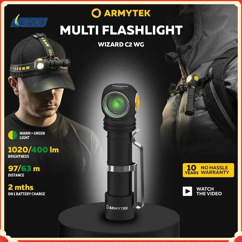 Перезаряжаемый через USB светодиодный налобный фонарь Armytek Wizard C2 WG 3 в 1 Мультифонарик