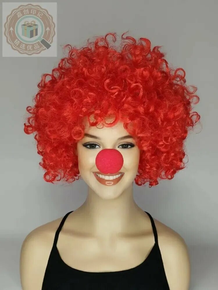 Пышный красный афро парик, парик клоуна с носом