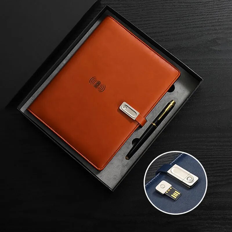 Ежедневник Power Notebook+ с беспроводной зарядкой, USB флешкой и ручкой - коричневый кожаный ежедневник