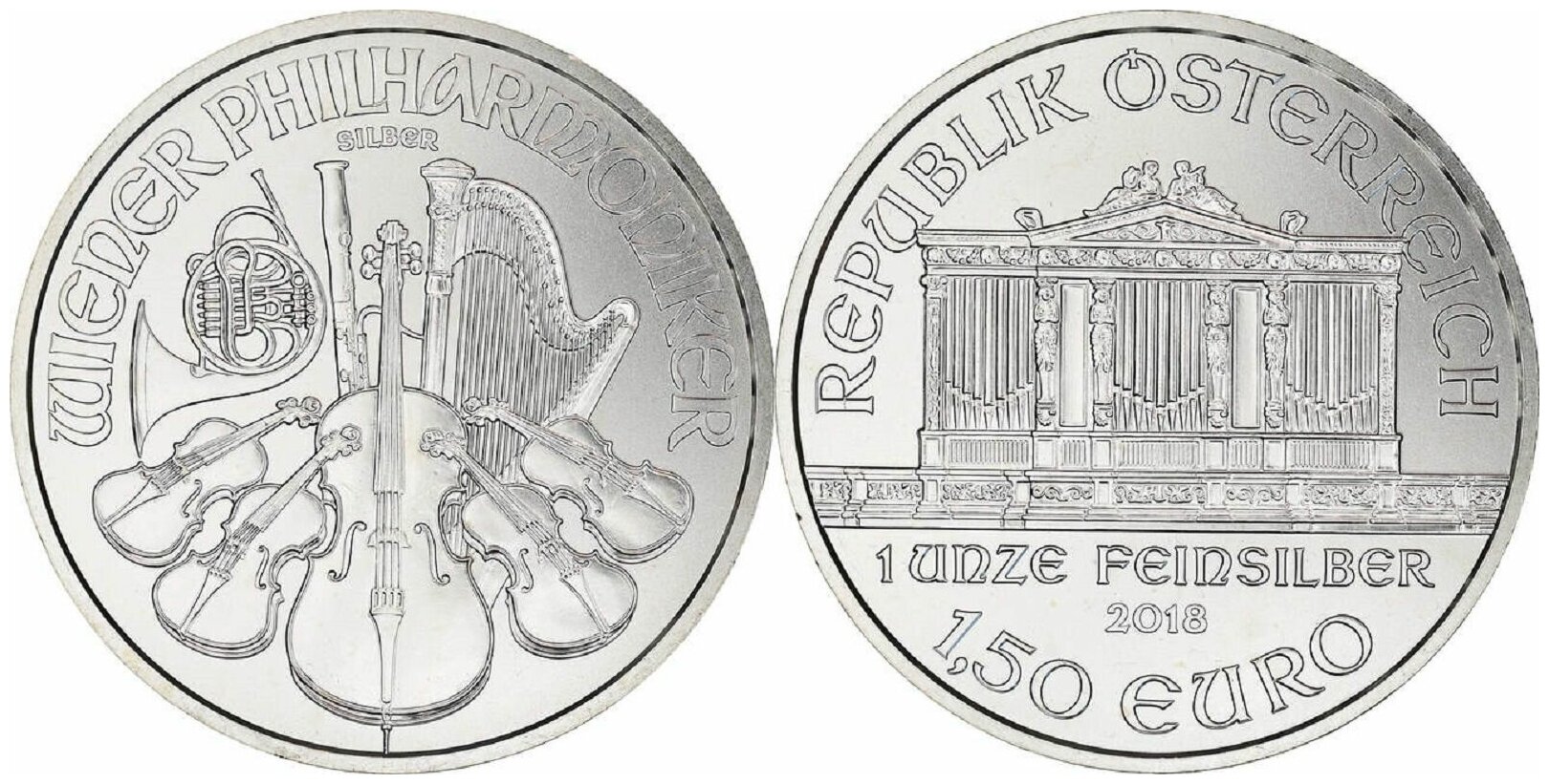Евро Австрия - Венский Филармоникер , 1,5 евро 2018 год 31.1 г чистого серебра (проба 999)