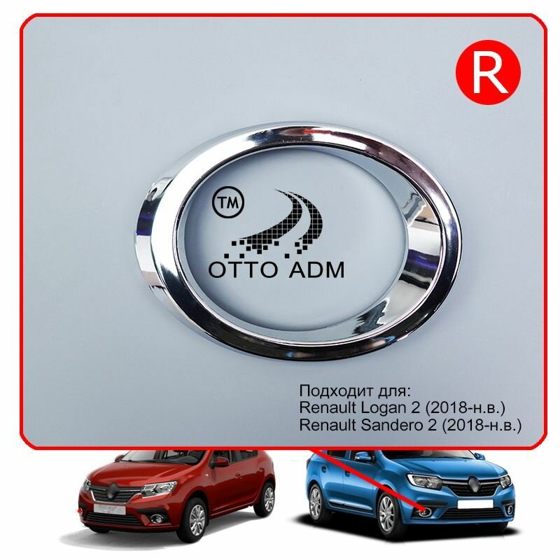 Молдинг накладка ПТФ правый для Рено Логан Сандеро 2, хромированное кольцо правое для Renault Logan 2 2018+ рестайлинг
