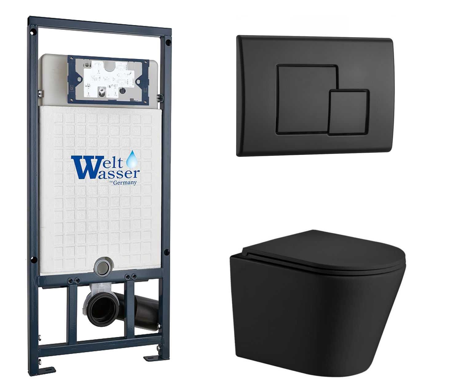 Комплект 3 в 1 инсталляция WeltWasser WW Marberg 507 + Подвесной унитаз WeltWasser Salzbach 043 MT-BL черный с кнопкой черной SE 10000005949 + 10000010239 + 10000008258