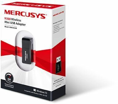 Сетевой адаптер Mercusys Wi-Fi, N300, USB 2,0, корпус пластиковый (MW300UM)