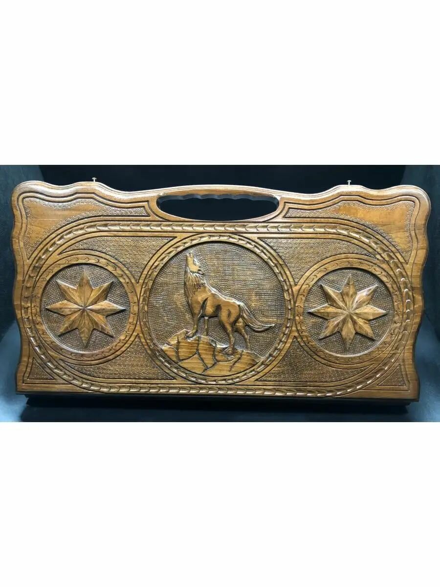 Нарды Деревянные Резные "Волчья мудрость", с ручкой, большие